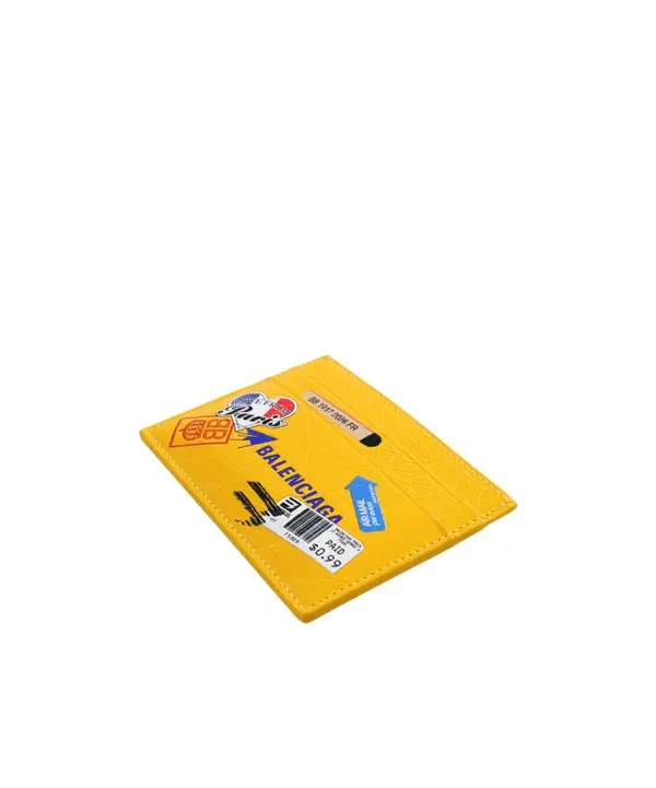 Balenciaga Stamp-print Crinkled-leather Card Holder - Yellow