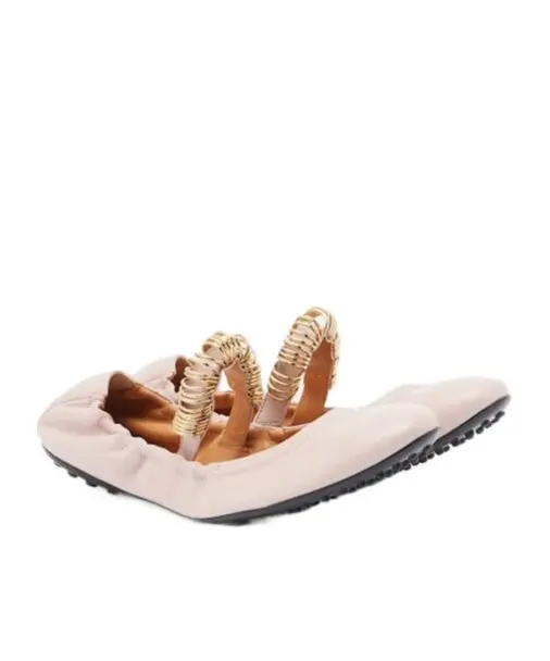 TOD'S Nude Mary Jane Flat Shoes With Ruched Detailing Metal Ring Ornaments - Pink