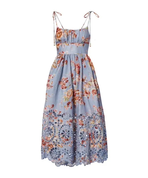 Zimmermann Awaken Floral Linen Midi Dress - Gray
