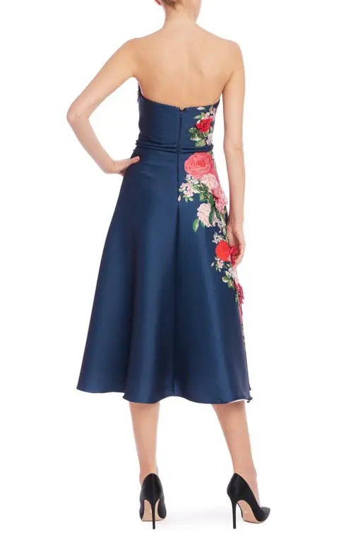 Badgley Mischka Strapless Floral Appliqué Cocktail Dress