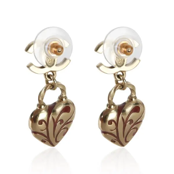 Chanel Gold-plated 2009 Red Enamel Cc Heart Earrings