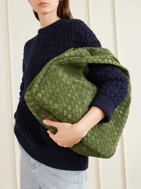 Bottega Veneta Campana Intrecciato Suede Shoulder Bag - Green
