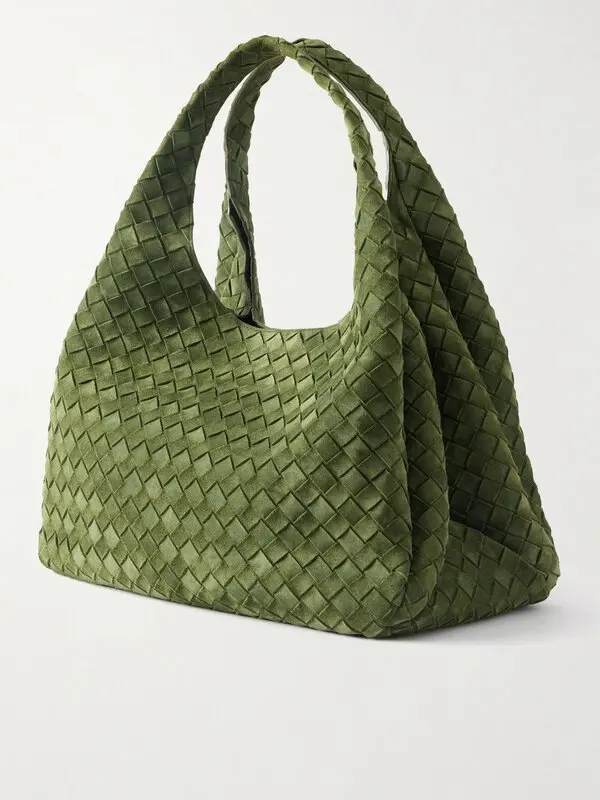 Bottega Veneta Campana Intrecciato Suede Shoulder Bag - Green