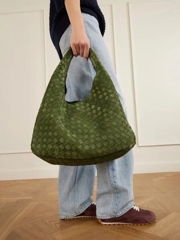 Bottega Veneta Campana Intrecciato Suede Shoulder Bag - Green