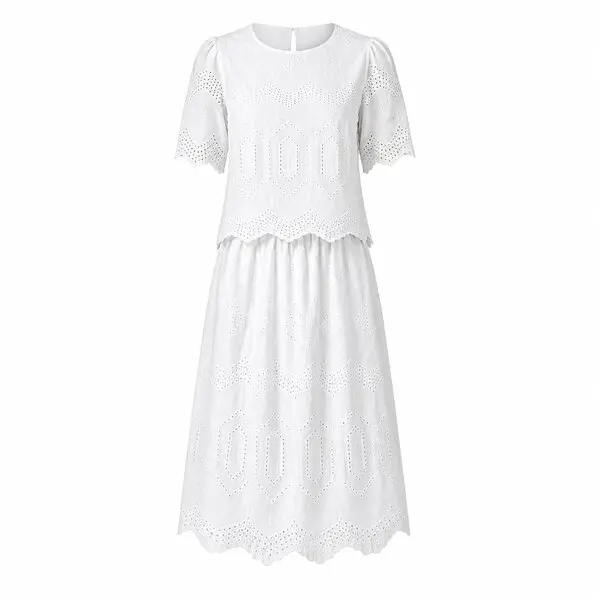 IZABELA MANDOIU Premium Broderie Anglaise Two Piece Skirt Suit Set - White