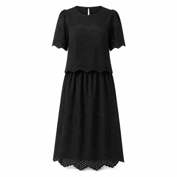 IZABELA MANDOIU Premium Broderie Anglaise Two Piece Skirt Suit Set - Black