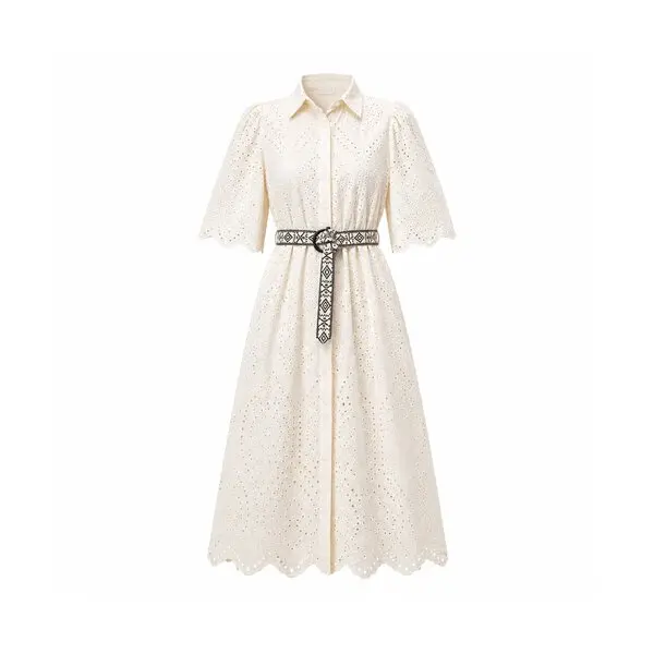 IZABELA MANDOIU Ivory Broderie Anglaise Midi Dress With Decorative Belt - Yellow