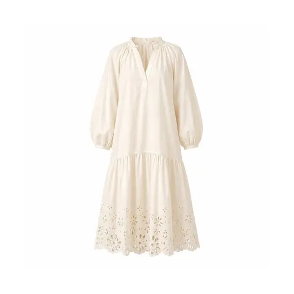 IZABELA MANDOIU Elegant Ivory Broderie Anglaise Midi Dress With Balloon Sleeves - Yellow