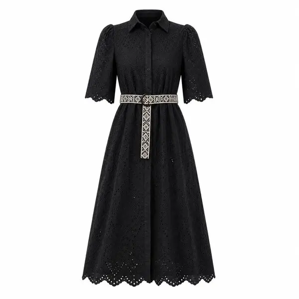 IZABELA MANDOIU Broderie Anglaise Midi Shirt Dress With Detachable Woven Belt And Pockets - Black