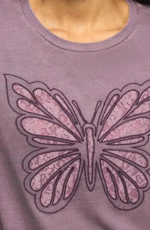 Lucky Brand Lace Embroidered Butterfly Cotton T-shirt