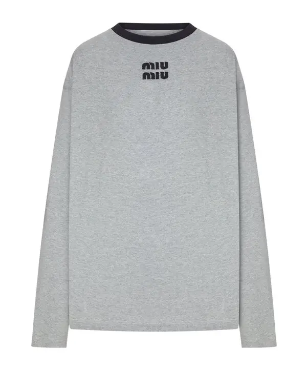Miu Miu Long-sleeved Cotton Knit T-shirt - Gray