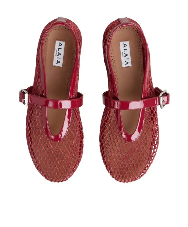 Alaïa Ballet Flats In Fishnet And Patent Leather - Carmine