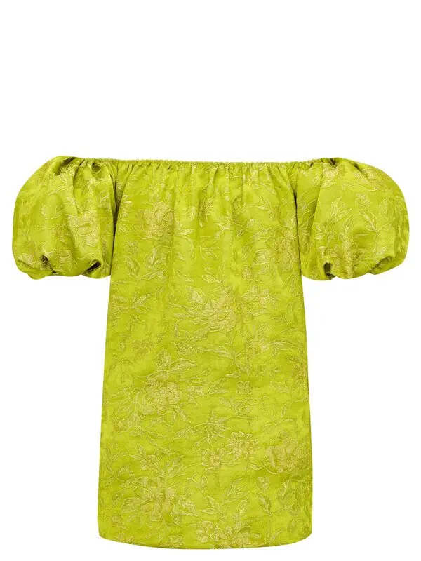 Saint Laurent Puff-sleeve Mini Dress In Metallic Floral Brocade - Vert Acide/ Or