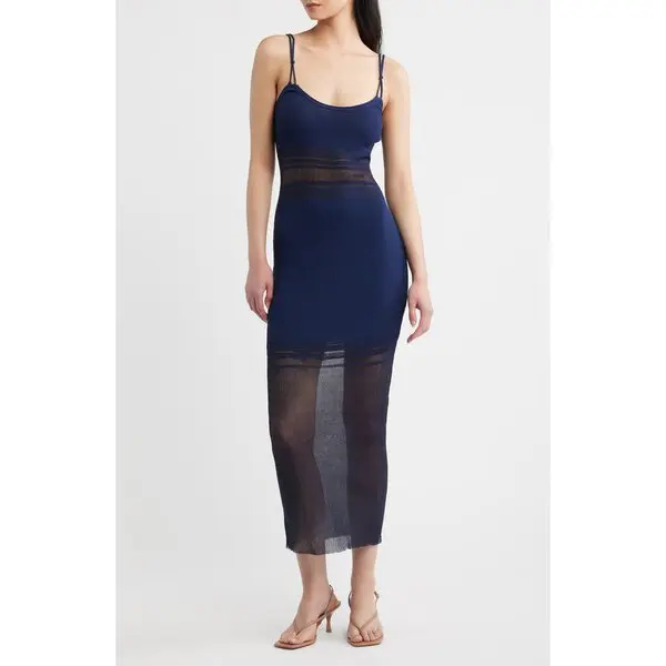 Torn By Ronny Kobo Kimberly Ribbed Knit Square Neck Sheer Panel Midi Sweater Dress - Navy