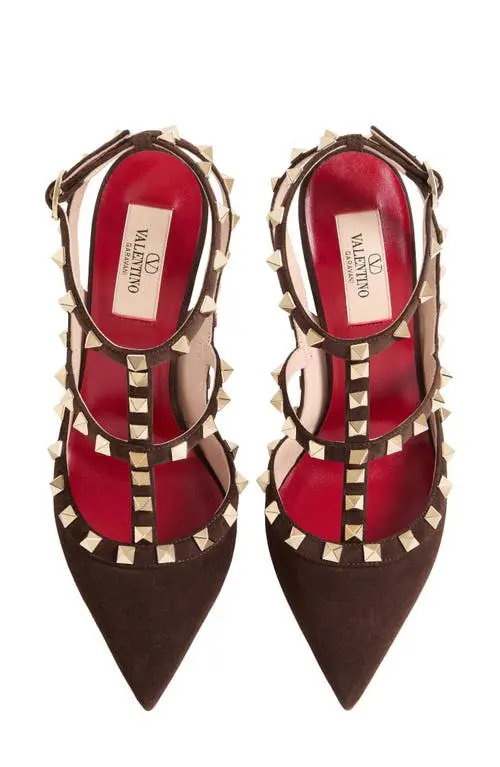 Valentino Garavani Rockstud Pointed Toe Ankle Strap Pump - Brown