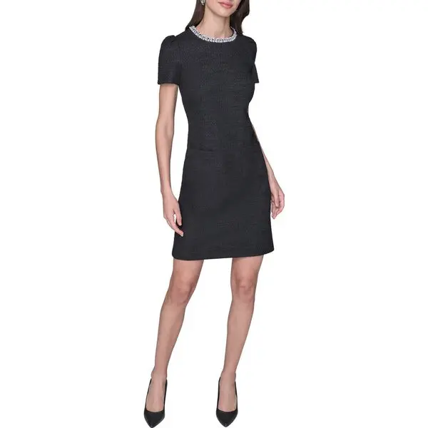 Karl Lagerfeld Paris Embellished Tweed Knit Sheath Dress - Black