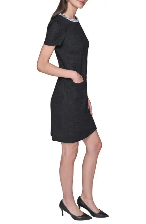 Karl Lagerfeld Paris Embellished Tweed Knit Sheath Dress - Black