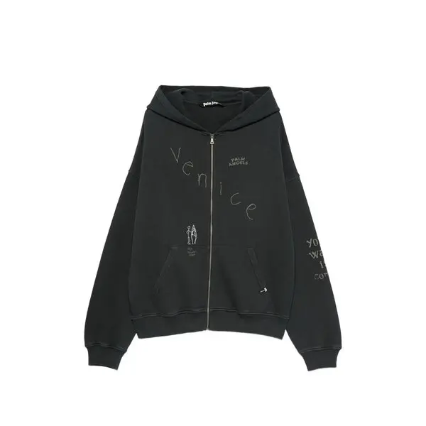 Palm Angels Jersey Zip-up Hoodie With Graphic Print And Swarovski Crystal Embellishment - Black