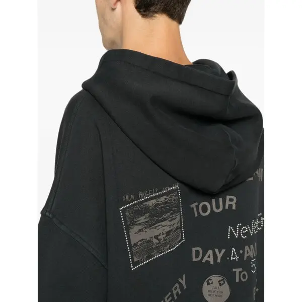 Palm Angels Jersey Zip-up Hoodie With Graphic Print And Swarovski Crystal Embellishment - Black