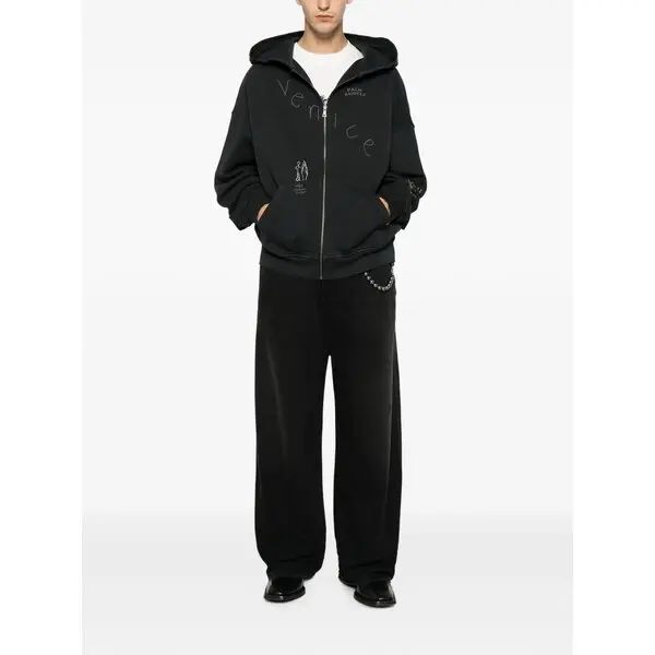 Palm Angels Jersey Zip-up Hoodie With Graphic Print And Swarovski Crystal Embellishment - Black