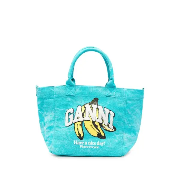 GANNI Logo Print Recycled Cotton Tote Bag - Blue