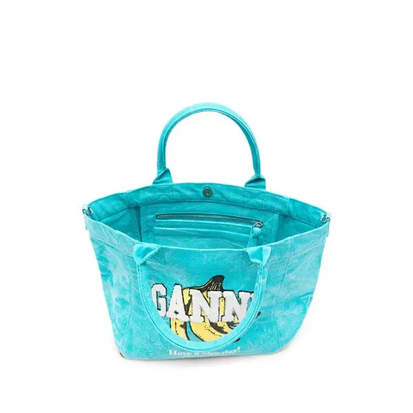 GANNI Logo Print Recycled Cotton Tote Bag - Blue