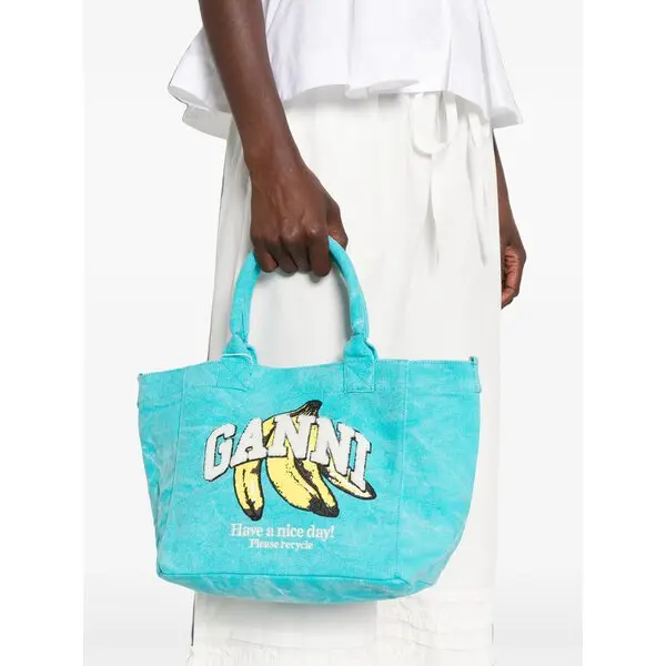GANNI Logo Print Recycled Cotton Tote Bag - Blue