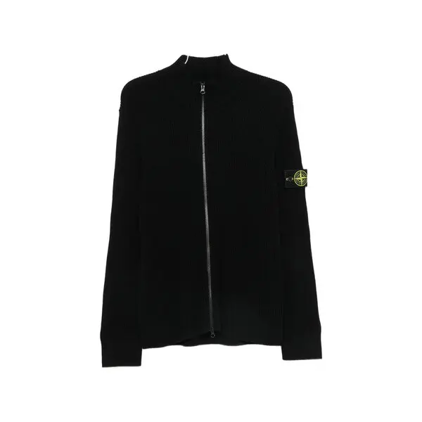 Stone Island Ribbed Knit High Neck Zip-up Sweater - Black