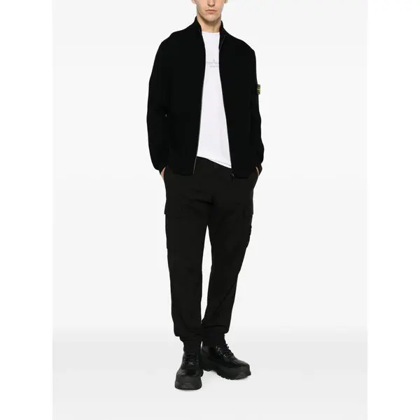 Stone Island Ribbed Knit High Neck Zip-up Sweater - Black
