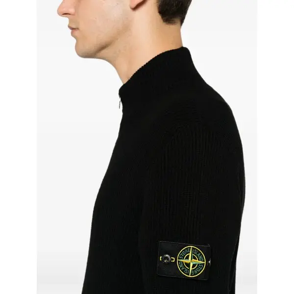 Stone Island Ribbed Knit High Neck Zip-up Sweater - Black