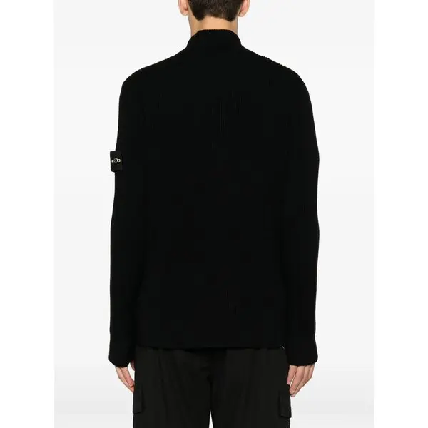 Stone Island Ribbed Knit High Neck Zip-up Sweater - Black