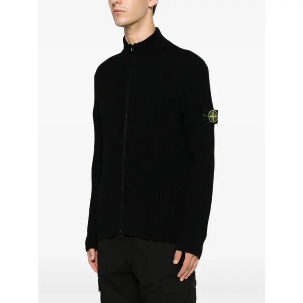 Stone Island Ribbed Knit High Neck Zip-up Sweater - Black