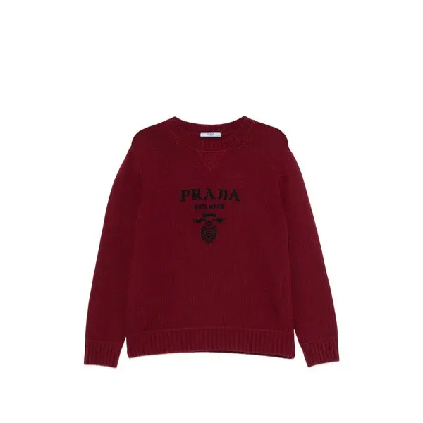 Prada Burgundy Logo Intarsia Knitwear Jumper - Red