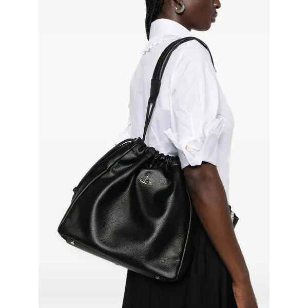 VIVIENNE WESTWOOD Grained Leather Drawstring Shoulder Bag - Black
