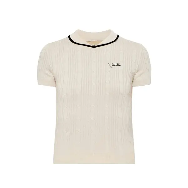 Valentino Garavani Cable-knit Short Sleeve Top With Contrast Trim - Cream