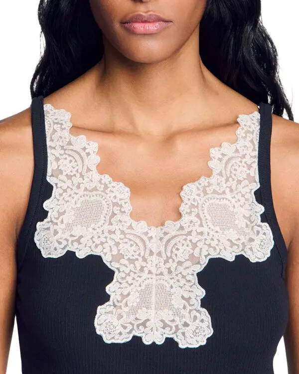 Sandro Sofie Ribbed Lace Tank Top - Black