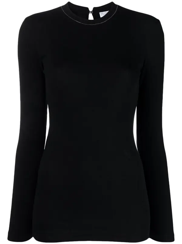 Brunello Cucinelli Black Stretch-cotton Fine Knit T-shirt With Monili Chain Detail - Multicolor