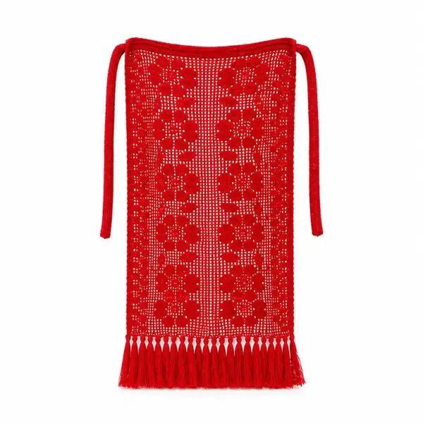 IZABELA MANDOIU Hand-crocheted Romanian Traditional Apron With Fringe - Red