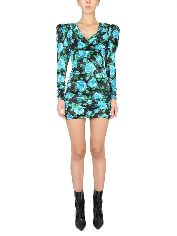 Alessandra Rich Ruched Satin Mini Dress With Draped Neckline - Multicolor