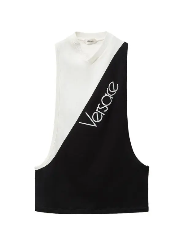 Versace Ribbed V-neck Cutout Tank Top With Logo Embroidery - Multicolor