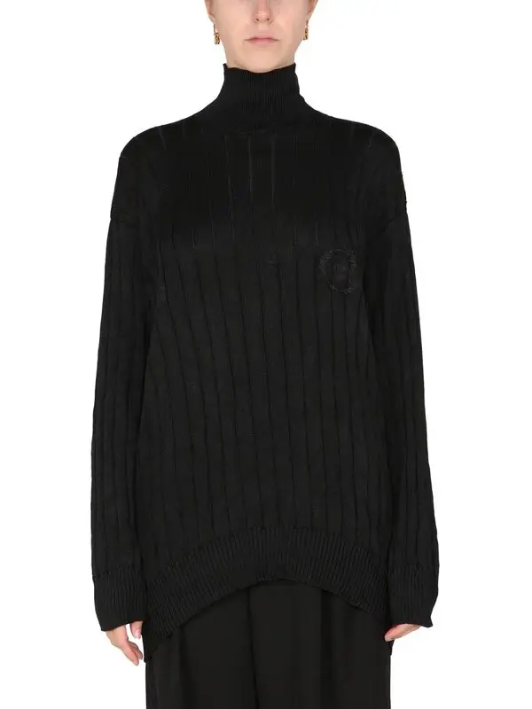 Balenciaga Oversized Ribbed Silk Turtleneck Pullover - Black