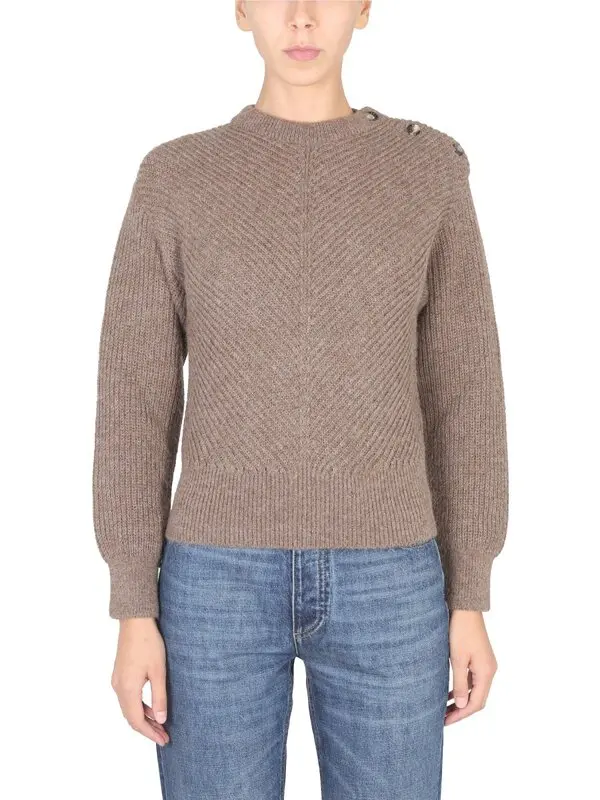 Bottega Veneta Alpaca Knit Sweater With Chevron Pattern And Button Detail - Cream
