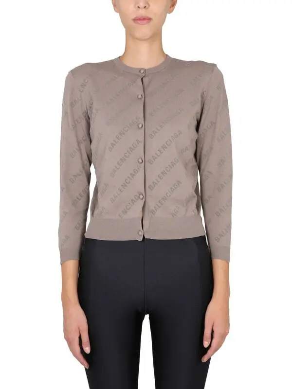 Balenciaga Allover Logo Cropped Cardigan - Cream