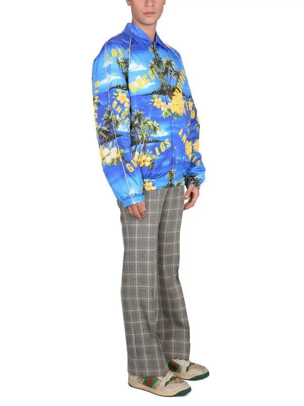 Gucci Nylon Jacket With Tropical Print - Blue