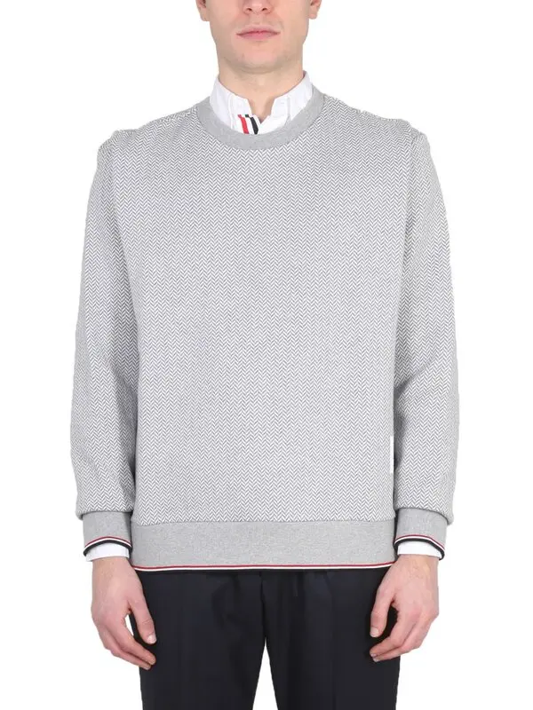 Thom Browne Jersey Crewneck With Herringbone Pattern And Ribbed Hem - Gray