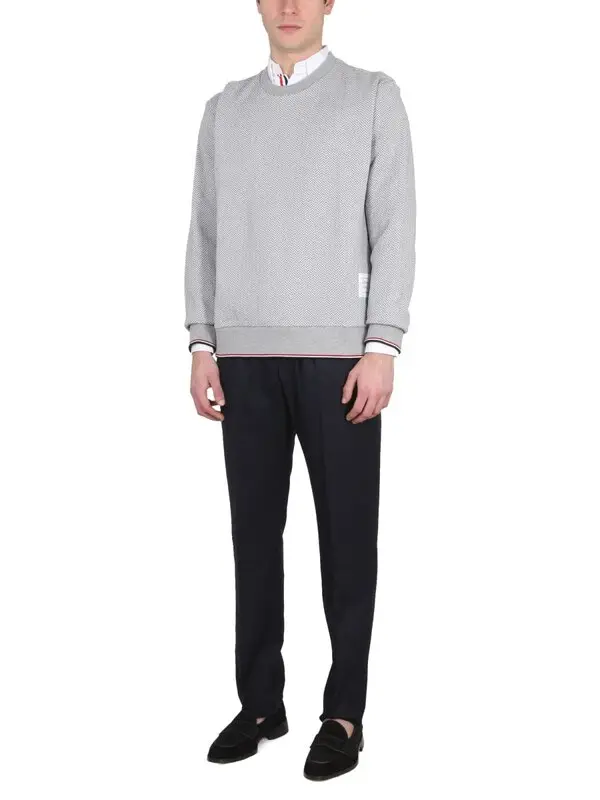Thom Browne Jersey Crewneck With Herringbone Pattern And Ribbed Hem - Gray