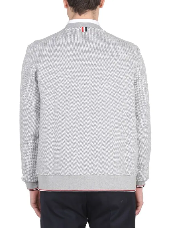Thom Browne Jersey Crewneck With Herringbone Pattern And Ribbed Hem - Gray