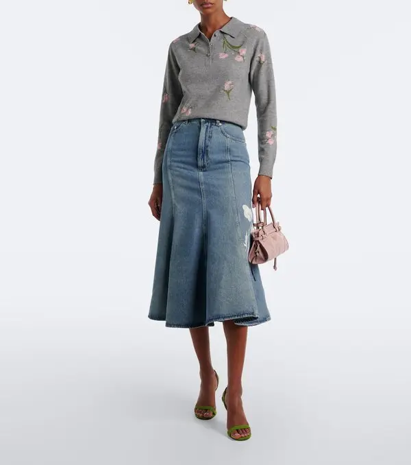 Erdem Floral Appliqué Denim Midi Skirt