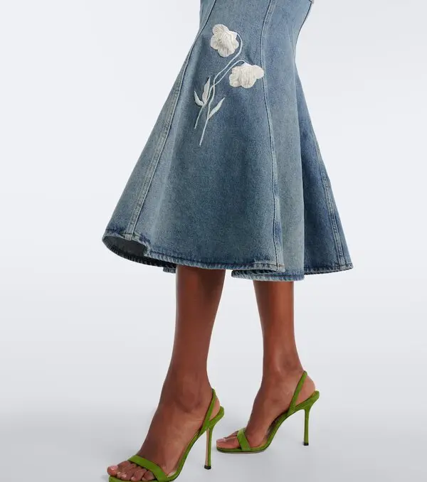 Erdem Floral Appliqué Denim Midi Skirt