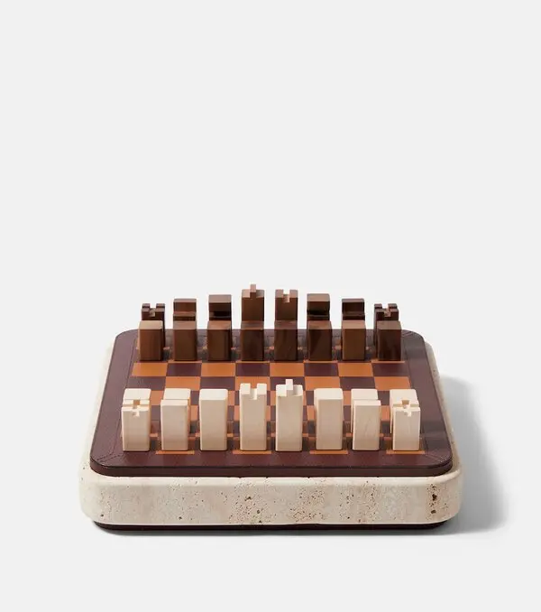 GIOBAGNARA Rodi Leather, Marble, And Wooden Chess Set - Brown